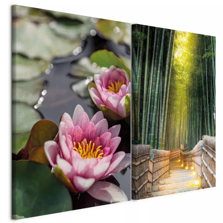 Quadro Pink Zen - Lotus Flowers and Green Bamboo Forest in Oriental ...