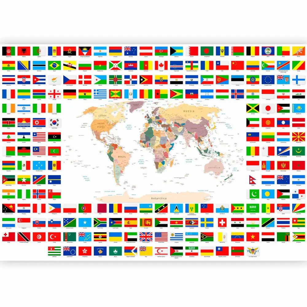 Mural Estudos de Geografia - mapa mundial com bandeiras dos países em ...