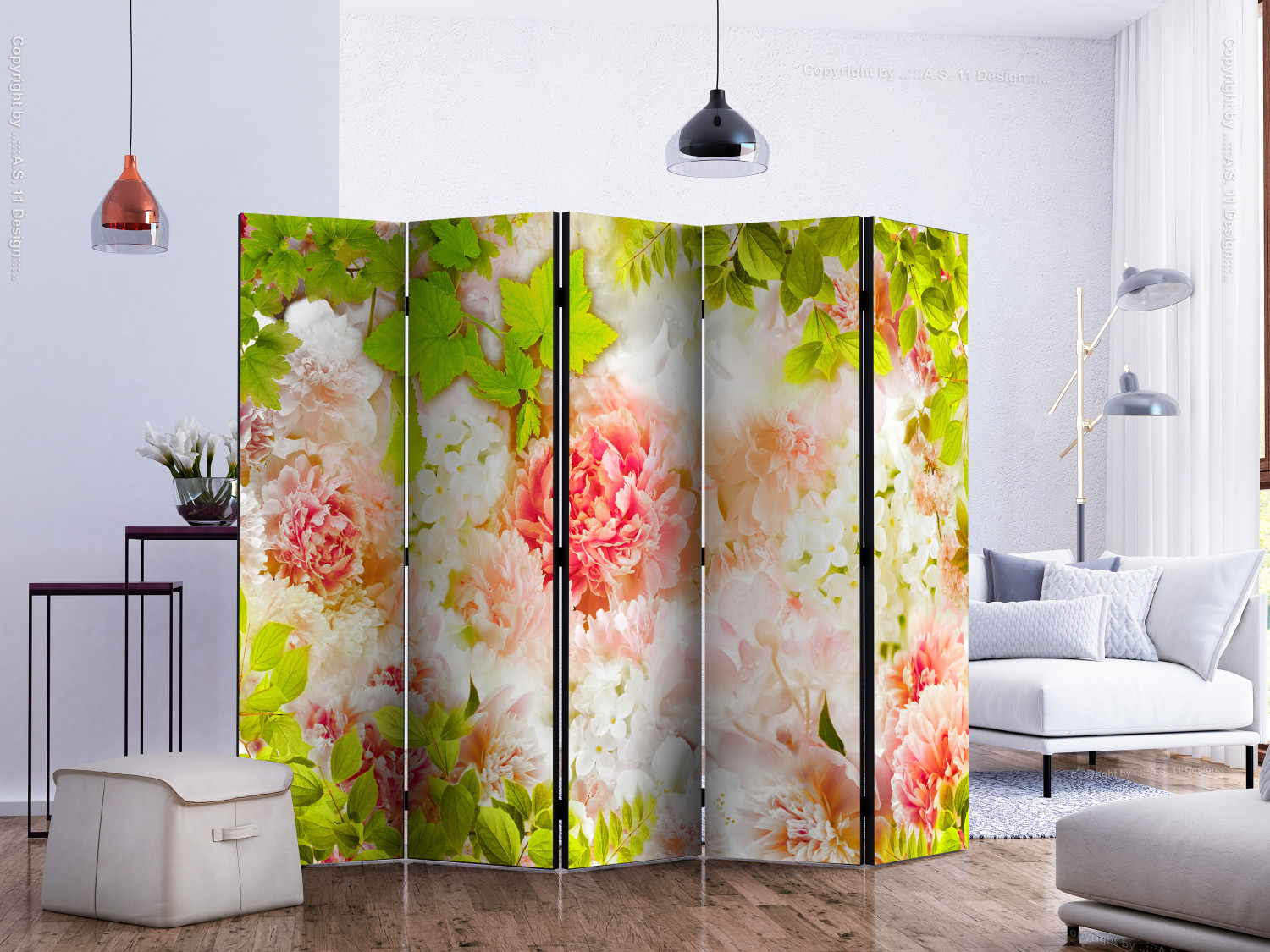 Biombo Peônias Brilhantes II - flores românticas e plantas em um jardim ...